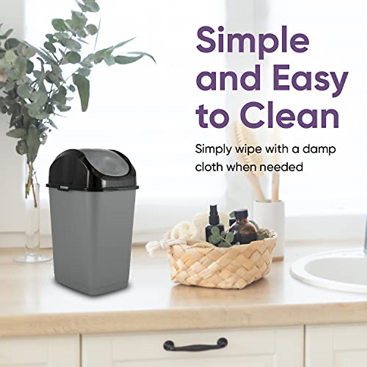 Superio Mini Plastic Trash Can with Swing Top Lid 1.25 Gallon Compact Small Waste Bin Portable Garbage Can for Countertop, Desktop, Make up Vanity, Bathroom, Car, Under Sink, Dorm, 5 Quart (Grey/Black, 3)