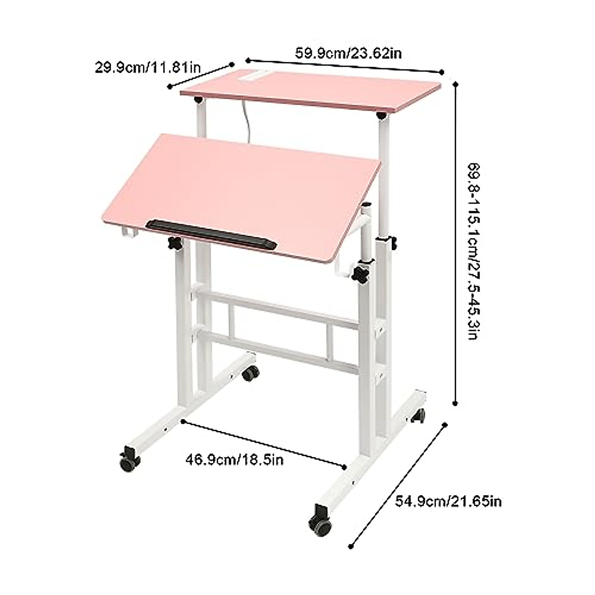 LULUGOGOTOP 24" Mobile Stand Up Desk,Small Adjustable Standing Desk w/Wheels,Portable Home Office Computer Workstation w/2 USB,Rolling Desk Laptop Cart for Standing or Sitting (Pink)