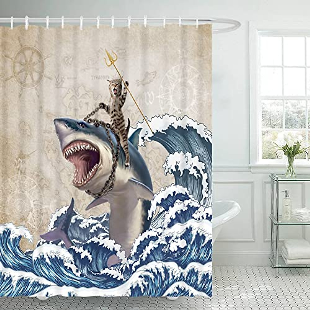 LEITINGYA Funny Cat Shower Curtain, Cool Cat Riding Shark Shower Curtain, Japanese Ocean Wave Nautical Anchor Shower Curtains for Bathroom, Waterproof Shower Curtain Set 12 Hooks Included -72x72 Inch