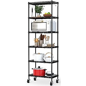 vkahaak 6-Tier Wire Shelving Unit, Adjustable Storage Shelf with Lockable Wheels, Large Capacity Metal Shelves with Stainless Hook for Garage Kitchen Pantry Living Room Bathroom (22" x 12" x 65")