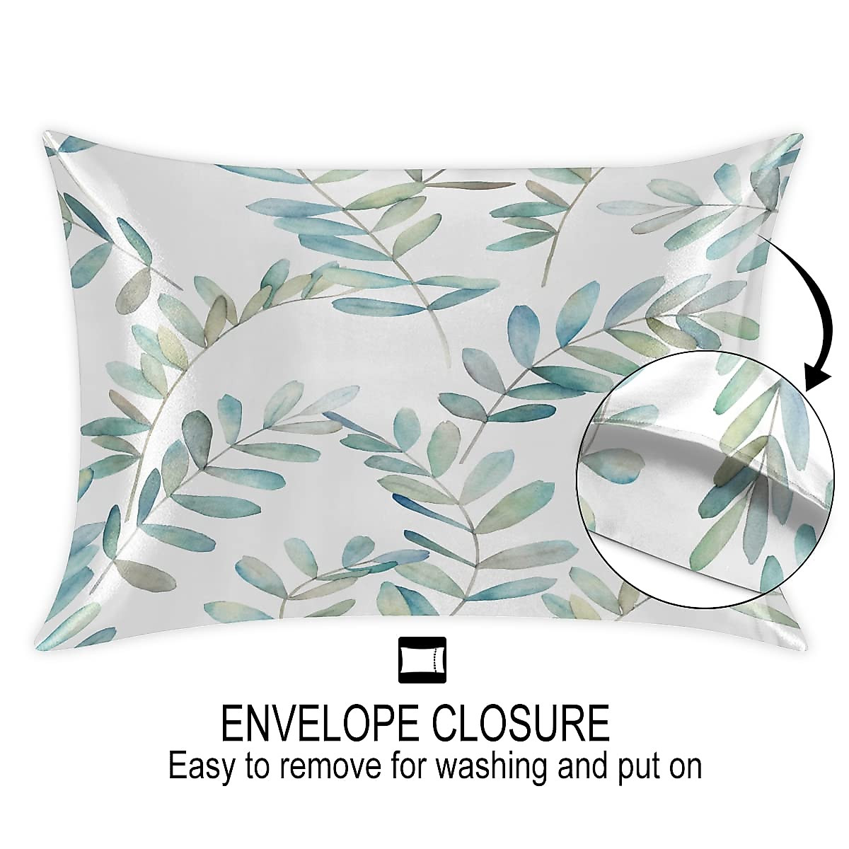 Envelope Closure Satin Pillowcase for Hair and Skin Silk Pillowcase Standard Size Watercolor Tropical Leaf Plant Pattern Pillow Cases Cooling Satin Pillow Covers