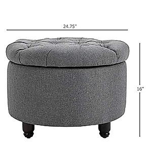HOMCOM Round Linen-Touch Fabric Storage Footstool Ottoman Button Tufted Footrest with Removable Lid, Grey