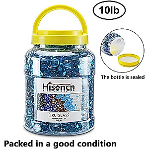 Hisencn Caribbean Blue Fire Glass Rocks for Fire Pit, 1/2 Inch Fire Glass Beads for Propane Gas Fireplace or Natural, Outdoor and Indoor Azure Blue Reflective Decorative Firepit Glass, 10 Pounds