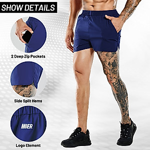 MIER Men's 3 Inches Athletic Running Shorts Built-in Liner Water Resistance Cool Dry Gym Exercise Jogging Track Shorts Zippered Pockets Navy M