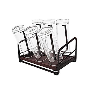 YEAVS Cup Drying Rack with Drain Tray, Bottle Drying Rack Stand with 6 Hooks, Mug Organizer, Brown