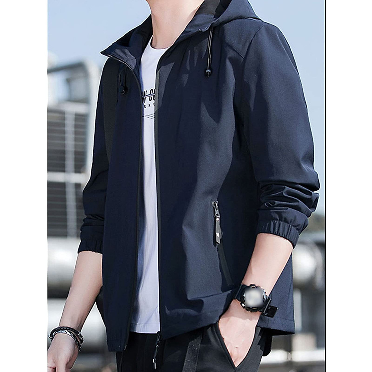 Maiyifu-GJ Men's Lightweight Full Zip Windproof Hoodie Slim Fit Casual Hooded Sweatshirt Outdoor Spring Active Windbreaker (Blue,XX-Large)