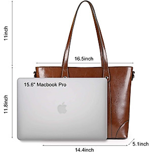 S-ZONE Leather Tote Bag for Women Office Shoulder Handbag 15.6 Inch Work Laptop Briefcase (Dark Brown)