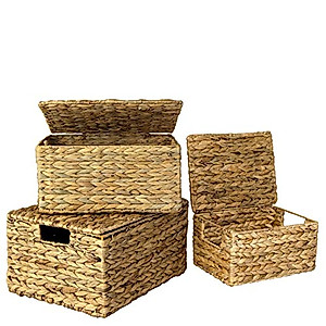 Set of 3 Pack Nesting Storage Baskets with Lids and Insert Handles for Home Organization | Small Closet Wicker Lidded Baskets for Shelves | Straw Wire Woven Storage Baskets with Lids (Water Hyacinth)