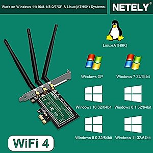 NETELY Wireless Dual Band 900Mbps PCI Express (PCIE) WiFi Adapter for Windows 7, 8.x, 10, 11 32/64bit and Linux Desktop PCs, PCIE WiFi Card, Qualcomm Atheros AR938X Wireless Network Adapter (NET-N900)
