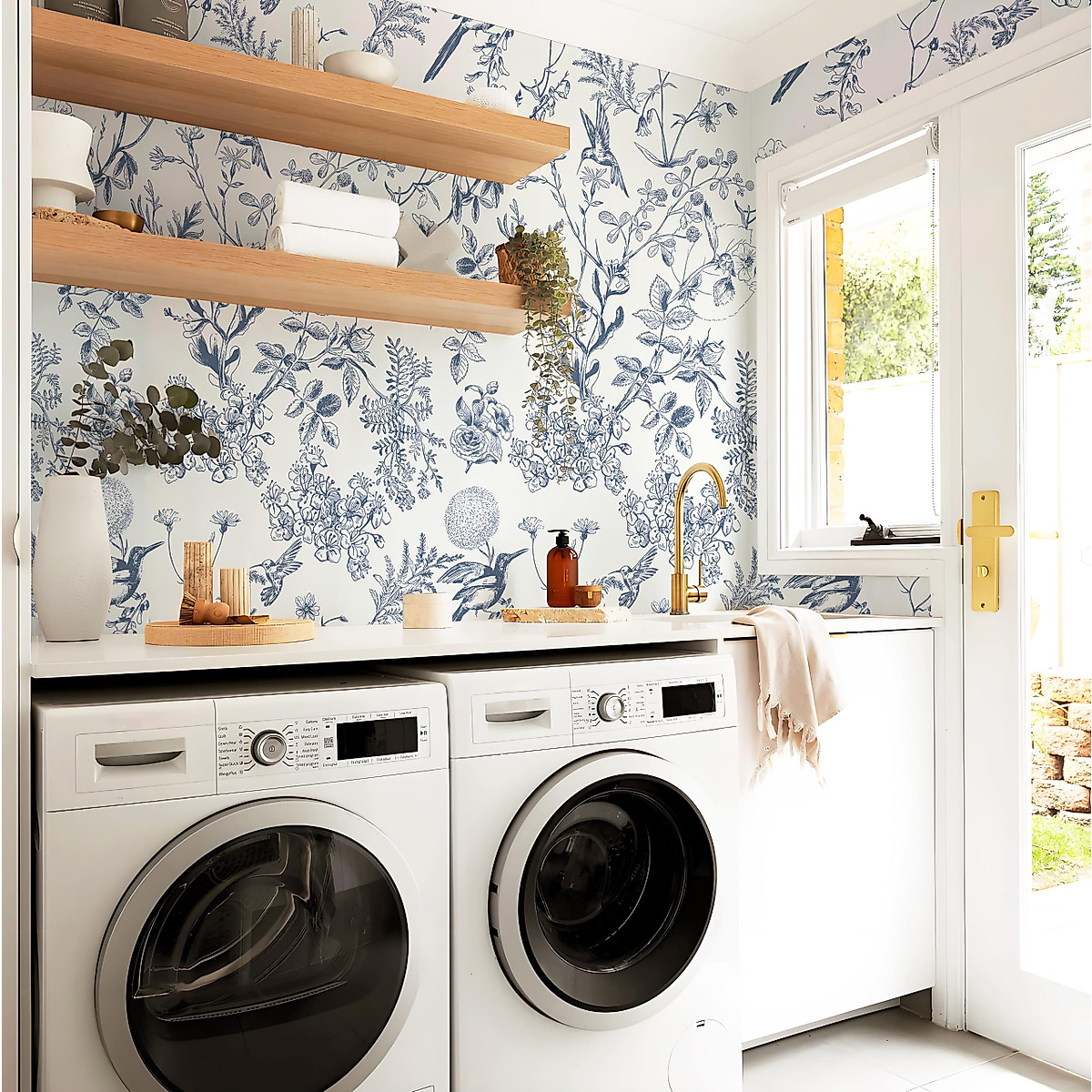 Safiyya Peel and Stick Wallpaper Floral Birds Contact Paper Blue and White Wallpaper Peel and Stick Modern Wallpaper Boho Wallpaper Removable Self Adhesive Wallpaper Vinyl Rolls 118"x17.3"