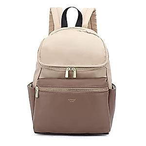 Kah&Kee Backpack for Women Fashion Waterproof School Bag Multiple Compartments 10 Pockets Fake-Leather Nylon Stitching (Light Beige/Beige)