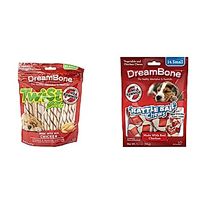 DreamBone Twist Sticks, Rawhide-Free Chews for Dogs, with Real Chicken, 50-Count & RattleBall Small Chews 14 Count, Rawhide-Free Chews for Dogs, with Real Chicken Treats Inside