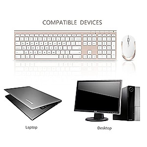 Wireless Keyboard and Mouse Combo, 2.4GHz Ultra-Slim Aluminum Rechargeable Keyboard with Whisper-Quiet Mouse for Windows, Laptop, PC, Desktop - White Gold