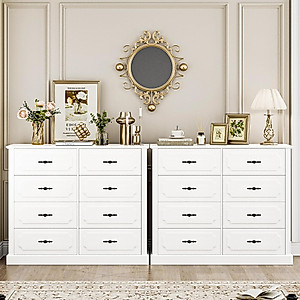 FINETONES White Dresser Chest of Drawers, 47.2“ Wood Dresser 8 Drawer with Steel Handles, Modern Dresser Drawers Floor Storage Cabinet for Living Room Hallway Office