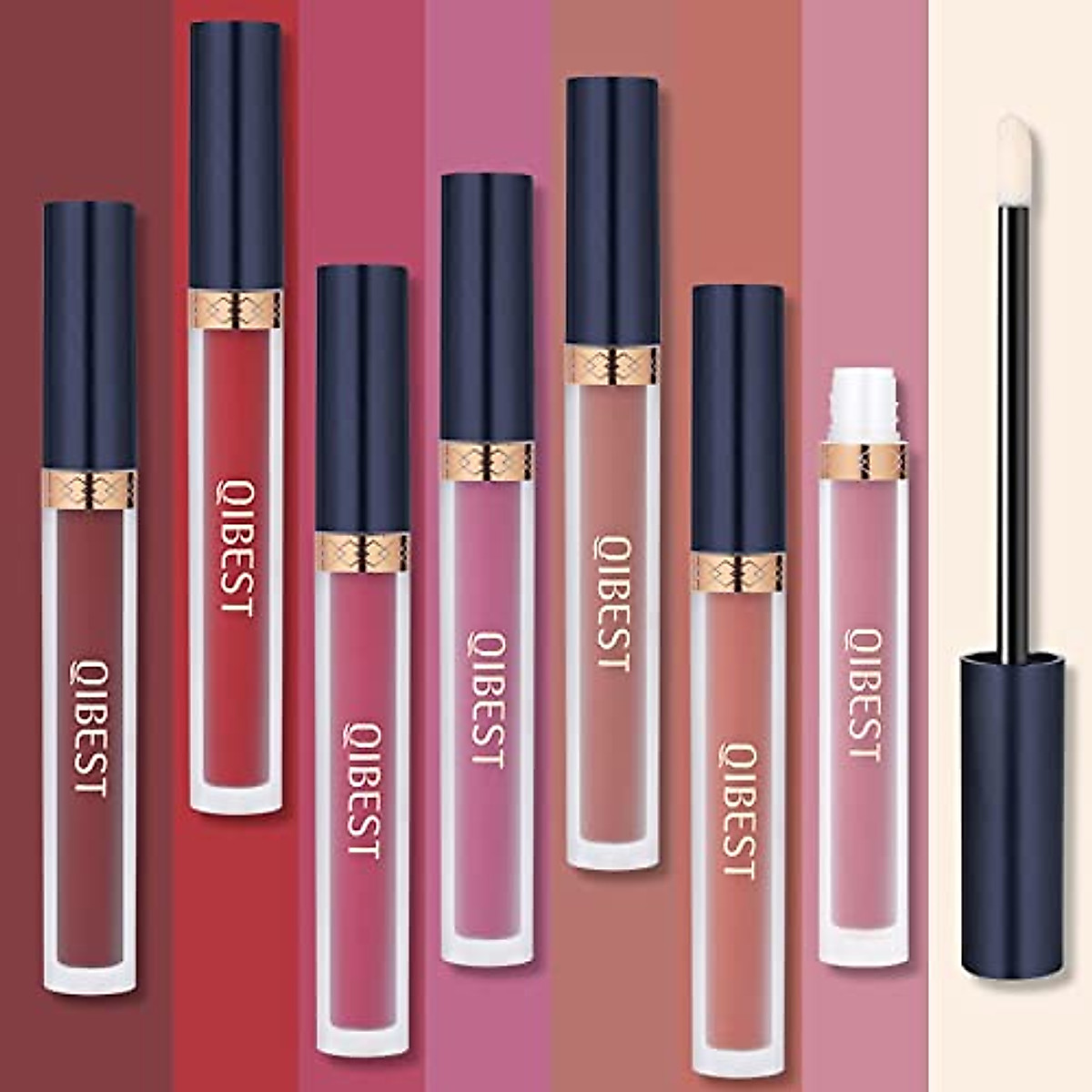QiBest 7Pcs Matte Liquid Lipstick + 1Pcs Lip Plumper Makeup Set Kit, Pigmented Long Lasting Lip Gloss Set, Velvet Waterproof Lip Makeup Gift Sets for Girls and Women
