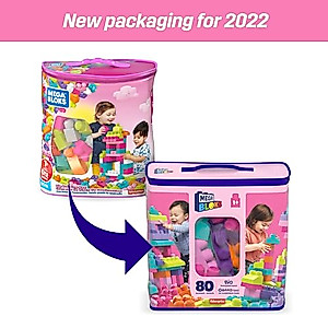 MEGA BLOKS Fisher-Price Toddler Block Toys, Big Building Bag with 80 Pieces and Storage Bag, Pink, Gift Ideas for Kids Age 1+ Years
