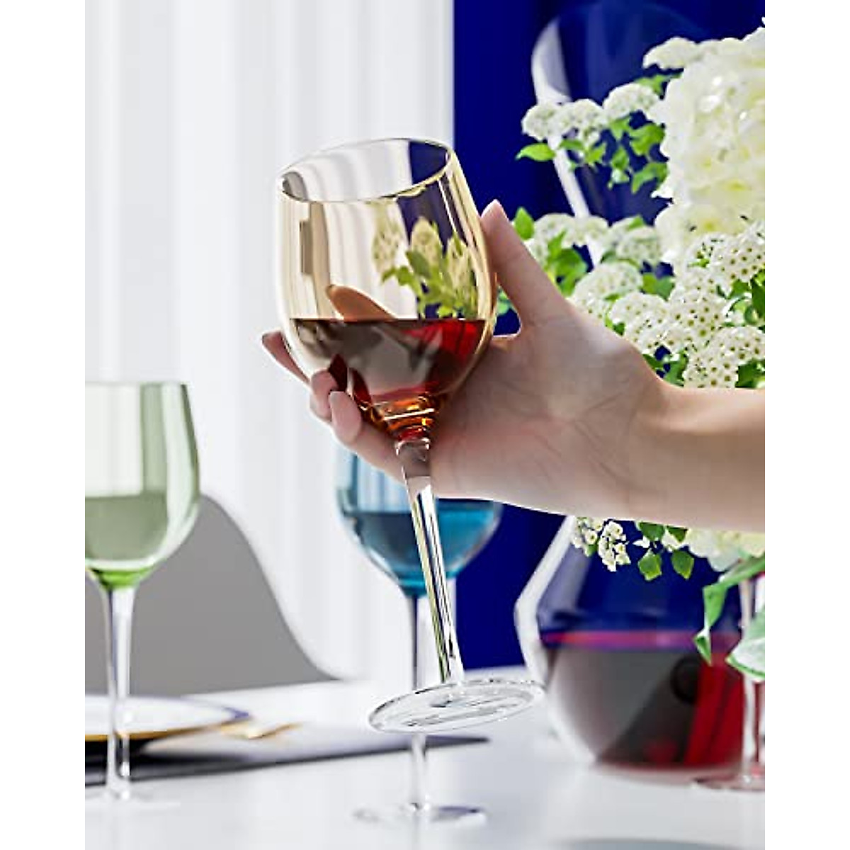 OMITA Colored Crystal Wine Glasses with Stem, Set of 4, Hand-Blown 15.72 oz - Italian Style for Red & White Wine - Elegant Drinkware for Parties & Gifts