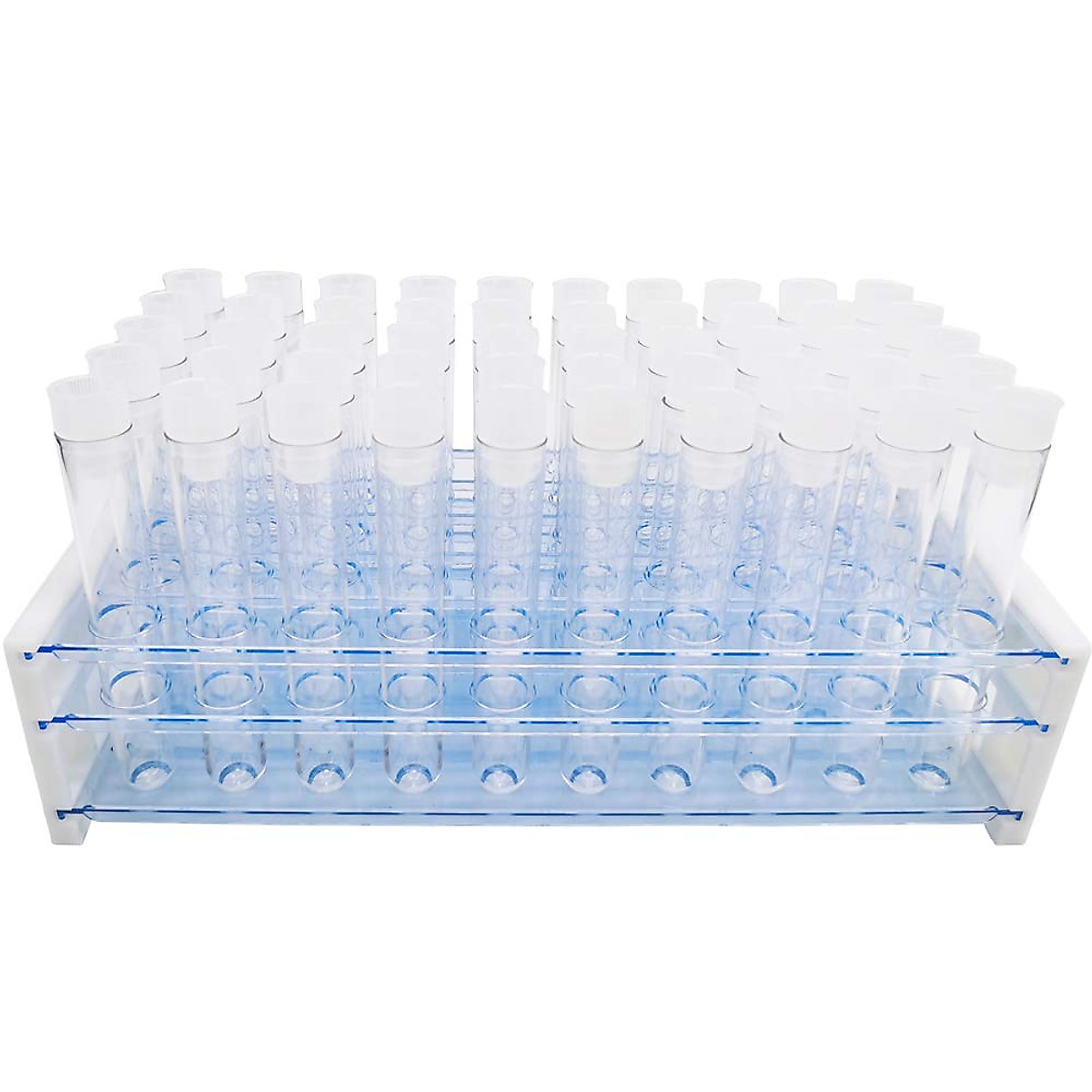 50Pcs Clear Plastic Test Tubes with Rack,16x100mm(10ml) Test Tube with Caps and 50 Holes Tubes Rack for Scientific Experiments,Party,Decorate The House,Candy Storage