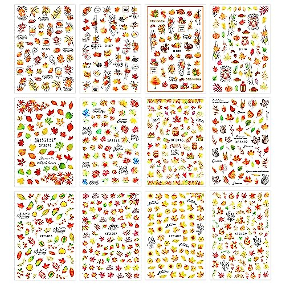 JMEOWIO 12 Sheets Fall Autumn Nail Art Stickers Decals Self-Adhesive Pegatinas Uñas Pumpkin Maple Leaf Thanksgiving Nail Supplies Nail Art Design Decoration Accessories