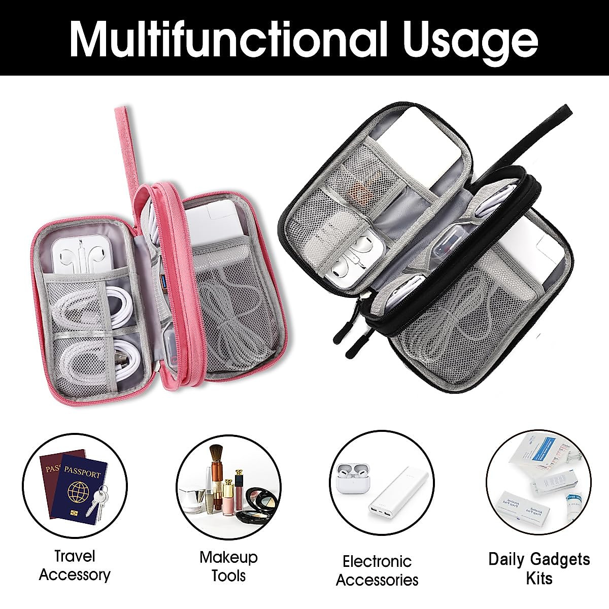 Tildaks Travel Electronic Organizer Pouch Bag, 3 Compartments Portable Electronic Phone Accessories Storage Multifunctional Case for Cable, Cord, Charger, Hard Drive, Earphone(Pink)