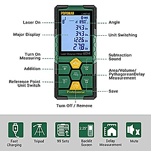 Laser Measure 196ft, POPOMAN Rechargeable with Bluetooth Laser Distance Meter, Intelligent House App for JoyPlan, 2.25' LCD Backlit, Measure Distance, Area, Volume, Pythagoras Measurement Tool
