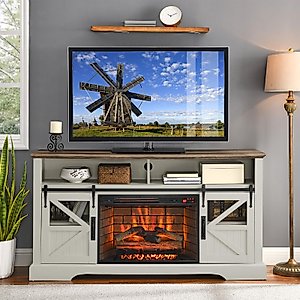 IVYHAVEN Electric Fireplace TV Stand with Mantel, Farmhouse Entertainment Center with 27'' Electric Fireplace, Rustic Media Console w/Sliding Barn Door for Living Room, White