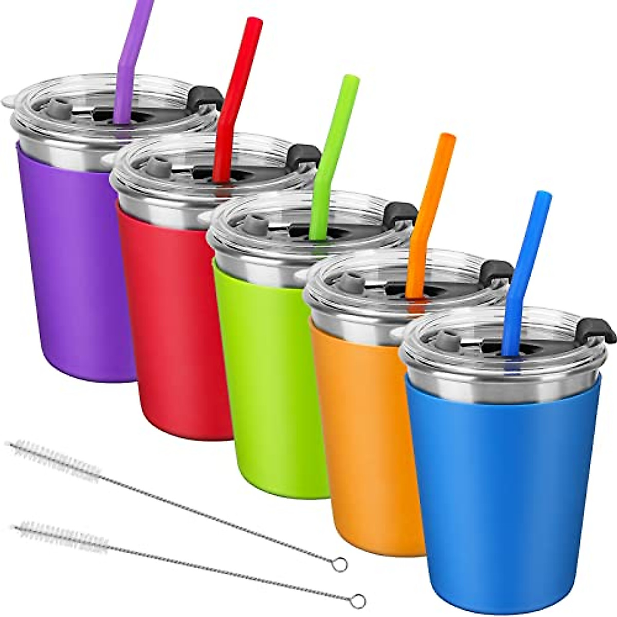 Kids Cups with Lids and Straws, 12oz Spill Proof Drinking Cups Stainless Steel Sippy Cups for Baby, Kids Tumblers with Straws and Lids Toddler Insulated Smoothie Cups Mugs for School, Outdoor, 5 Pack