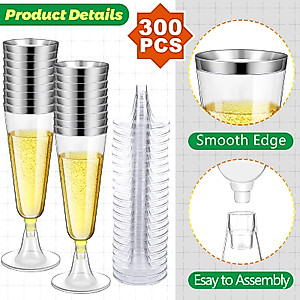 Gerrii 300 Pcs Plastic Champagne Flutes Bulk, 4.5 oz Clear Disposable Champagne Flutes, Rimmed Toasting Champagne Glasses for Wedding Birthday Anniversary Celebration Party Wine (Silver Rim)