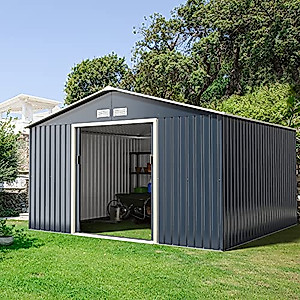 Goplus Storage Shed, Metal 11’ X 10’ Outdoor Building Organizer with 4 Vents & Double Sliding Door for Garden Backyard Farm (11'X10')