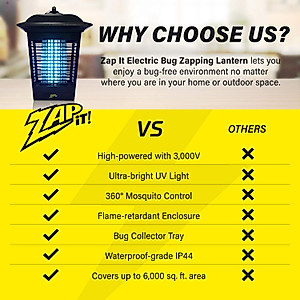 ZAP IT! Electric Bug Zapper Lantern - Indoor and Outdoor Plug-in 360 Degree Mosquito Control, Insect and Fly Killers | UV Light and Electric Shock Mosquito Killer Lamp | Includes Bug Collector