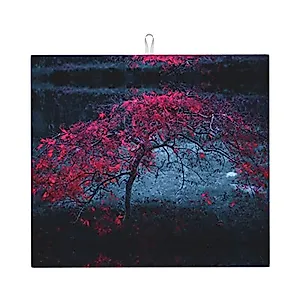 Scenery Tree Printed Drying Mat For Kitchen Ultra Absorbent Microfiber Dishes Drainer Mats Non-Slip Silicone Quick Dry Pad - 18 X 16inch