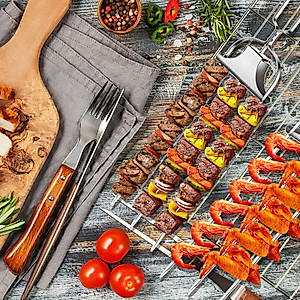 4PCS Kabob Skewers for Grilling, 14'' Stainless Steel Kebab Skewers, 3 Prong Metal Grill Skewers with Push Bar Slider, Skewer Sticks for Meat Veggies Marshmallows Fruits, BBQ Barbecue Accessories