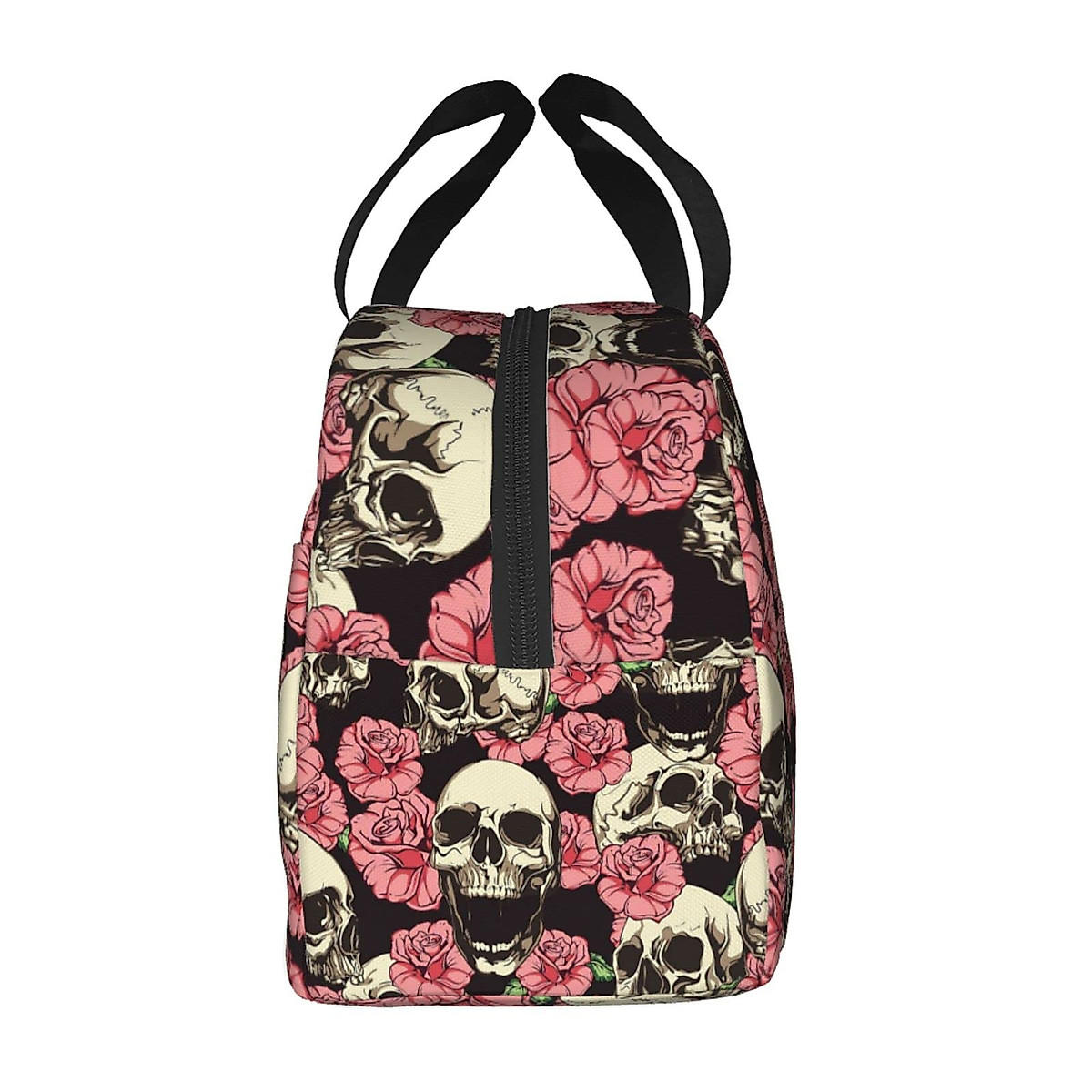 Skull Lunch Bag Box Tote Pink Rose Flowers Organizer Lunch Container Black Insulated Zipper Meal Prep Cooler Handbag For Women Men Home School Office Outdoor Gift