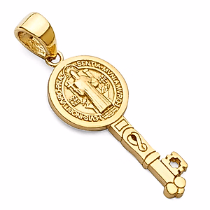 14k REAL Yellow Gold Saint Benito Double Side Key Charm Pendant (Size : 25 x 8 mm)