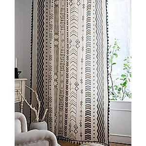 ColorBird Geometric Semi-Blackout Window Curtains 2 Panels Tribal Style Cotton Linen Darkening Curtains with Black Bordered Tassel Rod Pocket Window Drapes for Living Bedroom, 59W x 84L Inch, 1 Pair