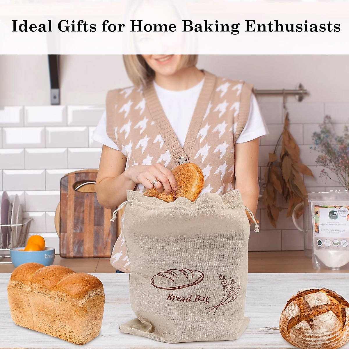 QUYANGCHIFENG 2Pcs Linen Reusable Bags for Homemade Sourdough Bread, Durable Bread Storage Keeper with Plastic Inner Lining, Gifts for Home Bakers - 12"x15"