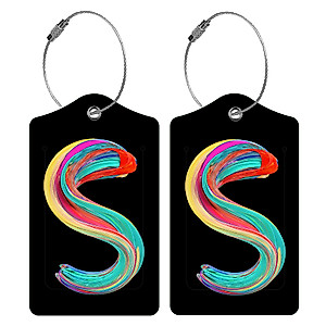 2 Pack Initial Luggage Tag for Suitcase, Colored Letter Unique Leather Bag Tags Identifiers Privacy Cover ID Label with Durable Steel Loop for Women Men Kids Girls Travel, Letter S