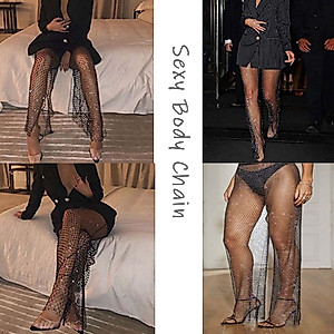 Wosois Mesh Fishnet Pants Black Rhinestone See Through Leggings Crystal Cover Up Rave Festival Nightclub Party Summer Beach Clubwear Body Accessories Jewelry for Women and Girls (110cm)