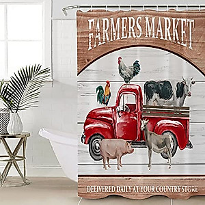 4 Pcs Shower Curtain Sets with Rugs,Vintage Farm Animals Cows Roosters Red Truck Wood Grain Background Bathroom Sets,Waterproof Non-Slip Shower Curtain U-shaped Rug Bath Mat Toilet Lid Cover 12 Hooks