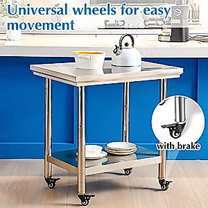 Stainless Steel Table with Wheels Caster 31.5 x 23.6 Inch Commercial Heavy Duty Table Prep Work Metal Table Stainless Steel Cart with Undershelf and Galvanized Legs for Kitchen Restaurant Home Outdoor