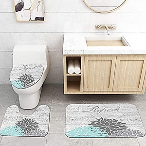 DuoBaorom 4 Pieces Set Teal and Grey Flower Shower Curtain Set Dahlia Floral Relax Sign Picture Print on Non-Slip Rugs Toilet Lid Cover Bath Mat and Bathroom Curtain with 12 Hooks 72x72inch