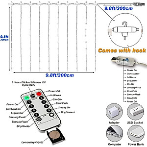 Honche Led Curtain Lights 300 LED 8 Modes USB with Remote for Home Room Bedroom Wedding Party Christmas Window Wall Decorations Room Decor (Cool White)