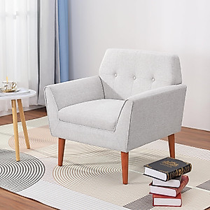 FUNKEEN Beige Accent Chair, Living Room Chair Linen Armchair Button Tufted Mid Century Modern Comfy Chair Upholstered Single Sofa Chair for Bedroom Reading Room Club Studio