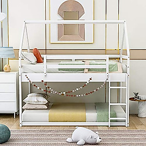 MERITLINE House Shaped Bunk Bed Twin Over Twin Size Wood Bunk Bed Frame Low Bunk Beds for Kids and Toddlers, Twin Size,White
