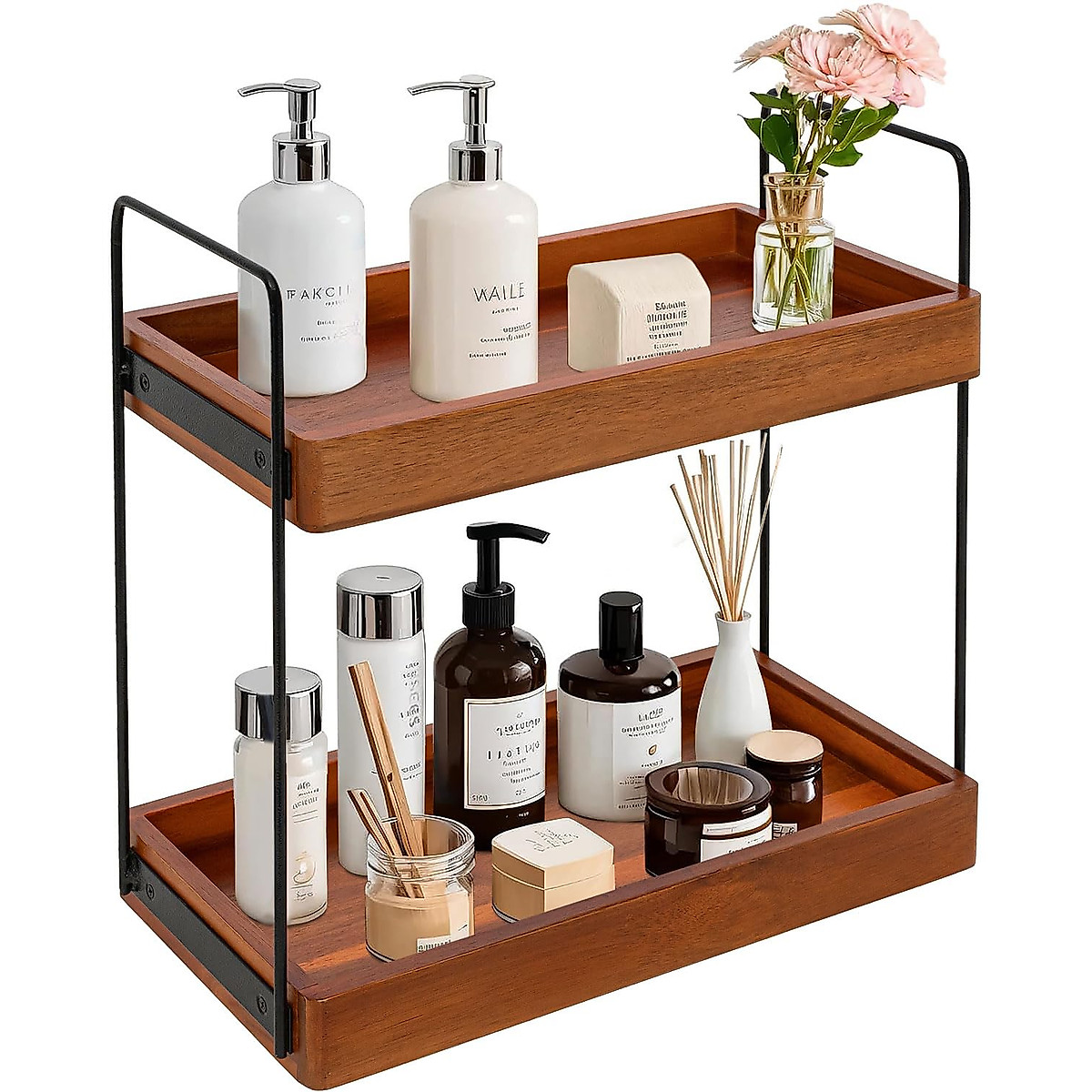 BUMPEXPAND 2 - Tier Acacia Bathroom Organizer Countertop, Storage Wood Corner Bathroom Rack for Vanity Kitchen Under Sink, Tiered Tray Makeup Stand Organizers Office Desk