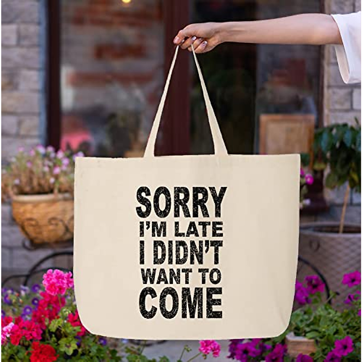 shop4ever ® Sorry I'm Late I Didn't Want To Come Black Heavy Canvas Tote with Zipper Sayings Reusable Shopping Bag 12 oz Natural -Pack of 1- Zip
