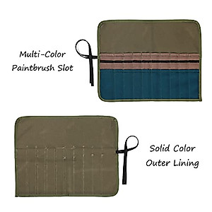 Kaaltisy Artist Paintbrush Carry Pouch, Heavy Duty 16oz Waxed Canvas Pencil & Brush Storage Bag, 20 Slots Paintbrush Organizer Case (Army Green)