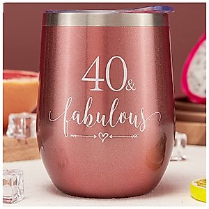 Crisky Rose Gold 40 & Fabulous Wine Tumbler for Women 40th Birthday Gifts for Women, Wife, Mom, Sister, Aunt, Friends, Coworker Her, Vacuum Insulated Coffee Cup,12oz with Box, Lid, Straw
