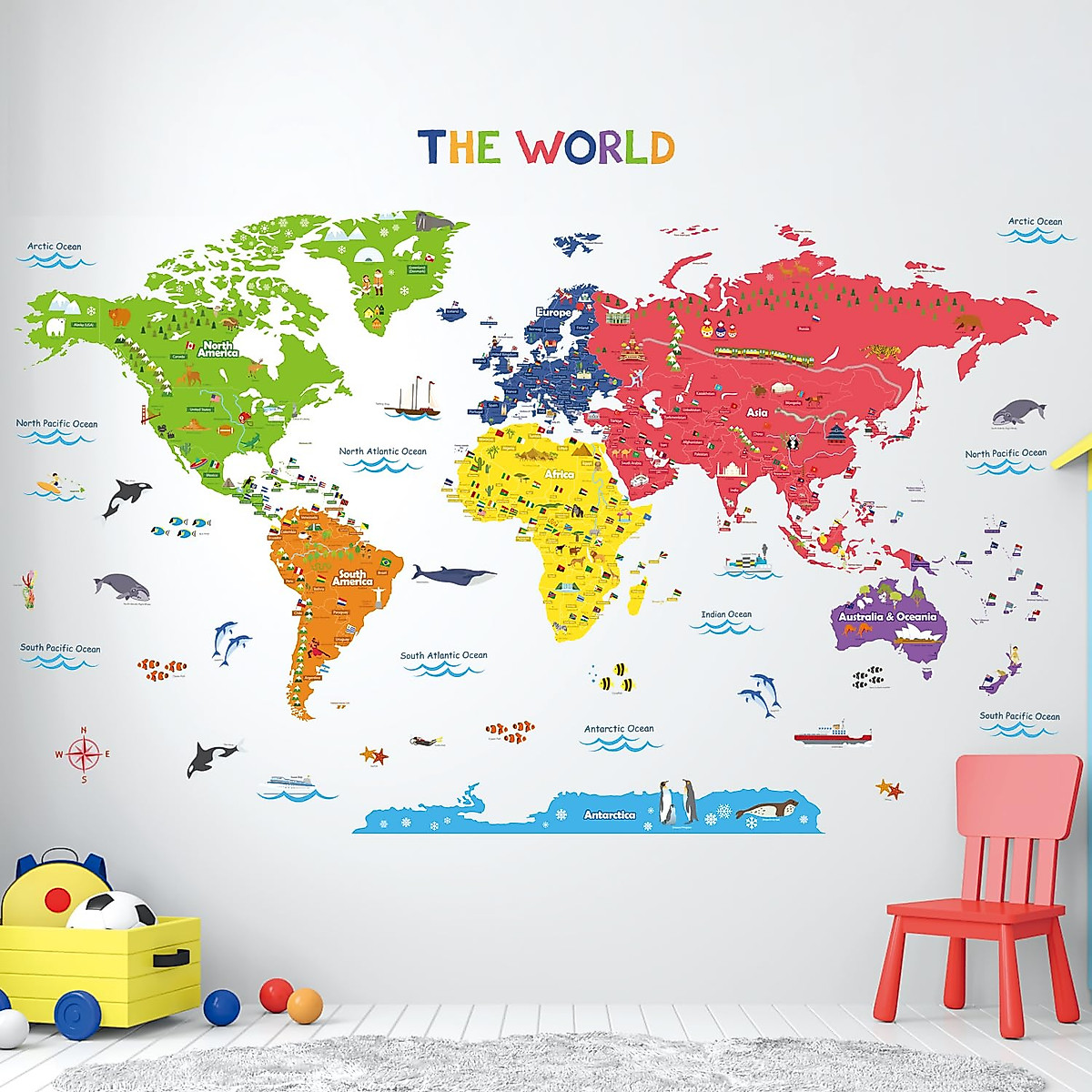 DECOWALL DL3-2212 XLarge World Map Kids Wall Stickers (59x40 inch) Decals Peel and Stick Removable for Nursery Bedroom Living Room Art murals Decorations