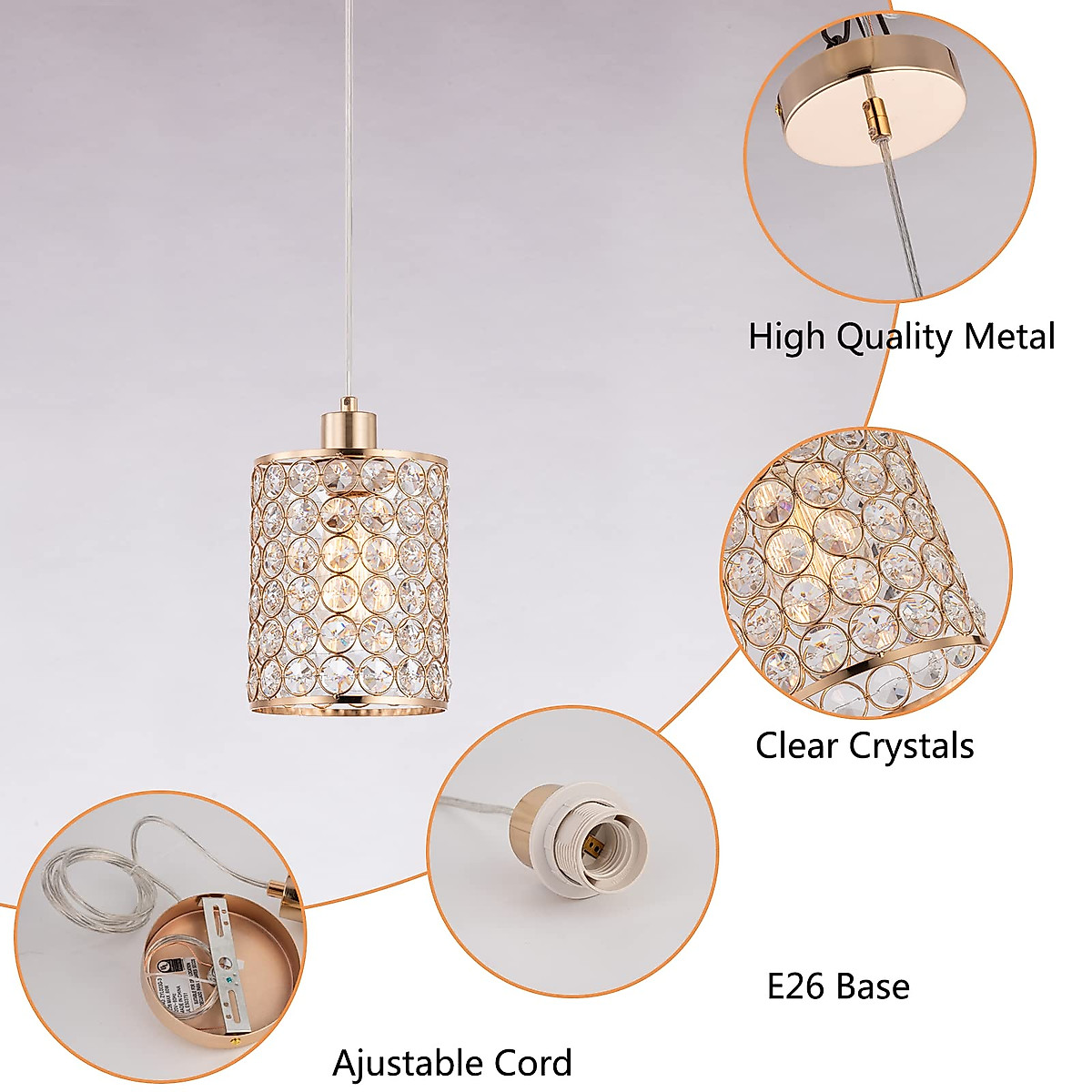 Cuaulans Gold Crystal Pendant Light, 3 Pack Kitchen Island Lighting, Modern Adjustable Bar Lights Hanging Fixture for Kitchen Dining Room Bedroom Bar